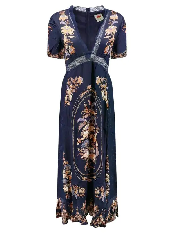 Farm Rio Floral-print Lace-trim Maxi Dress - Blue