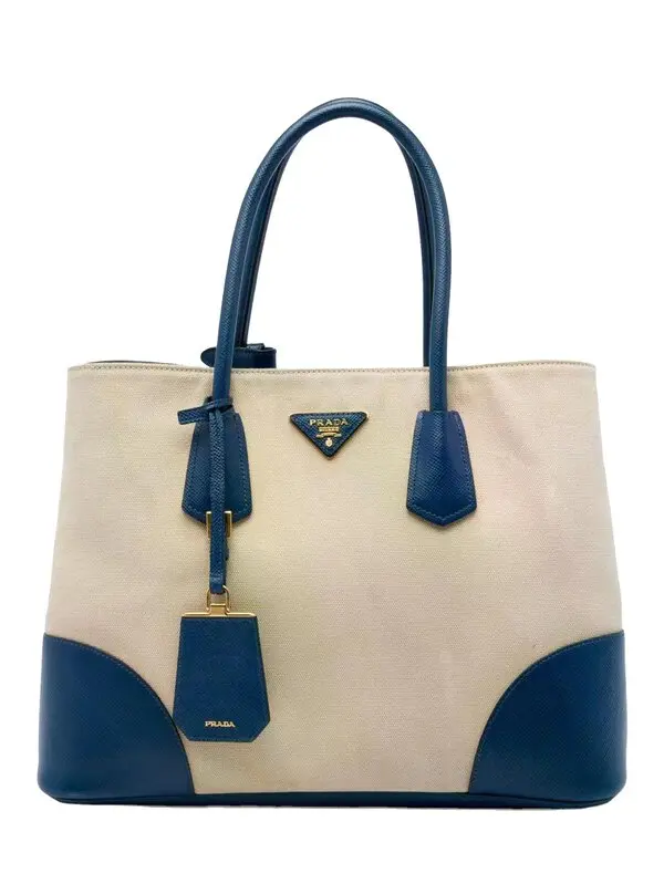 Prada 2010-2026 Large Canapa And Saffiano Double Satchel - Blue
