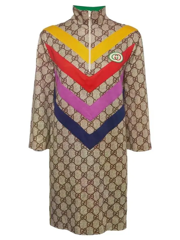 Gucci Gg Supreme Chevron-striped Midi Dress - Neutrals