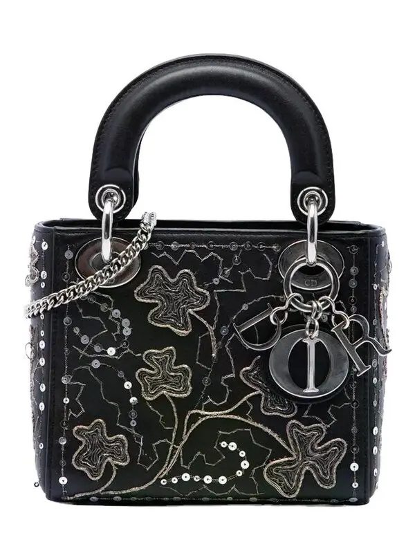 Dior 2018 Mini Calfskin Embroidered Clovers Lady Satchel - Black
