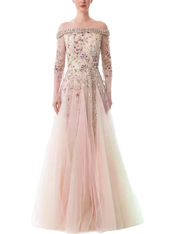 DINA MELWANI Peacock-embroidered Off-shoulder Maxi Dress - Neutrals