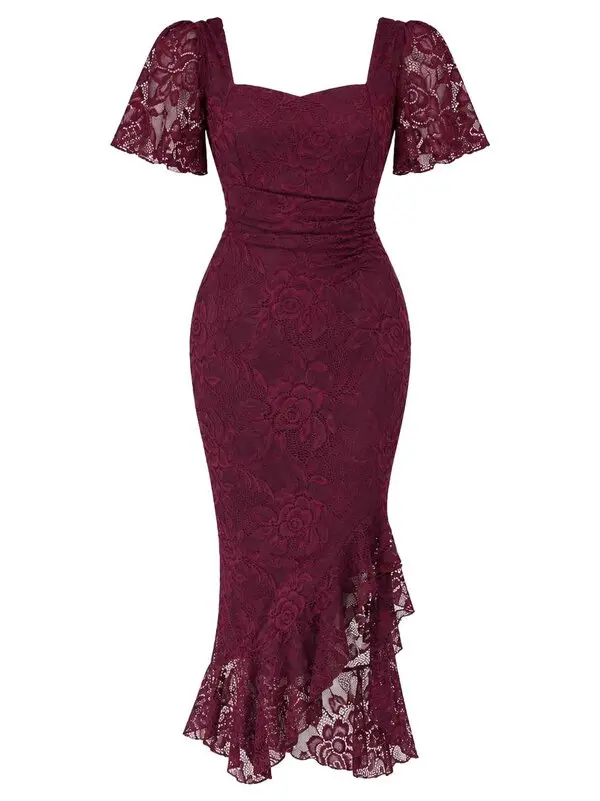 GIRL IN MIND Heidi Berry Lace Ruched Midi Dress - Red