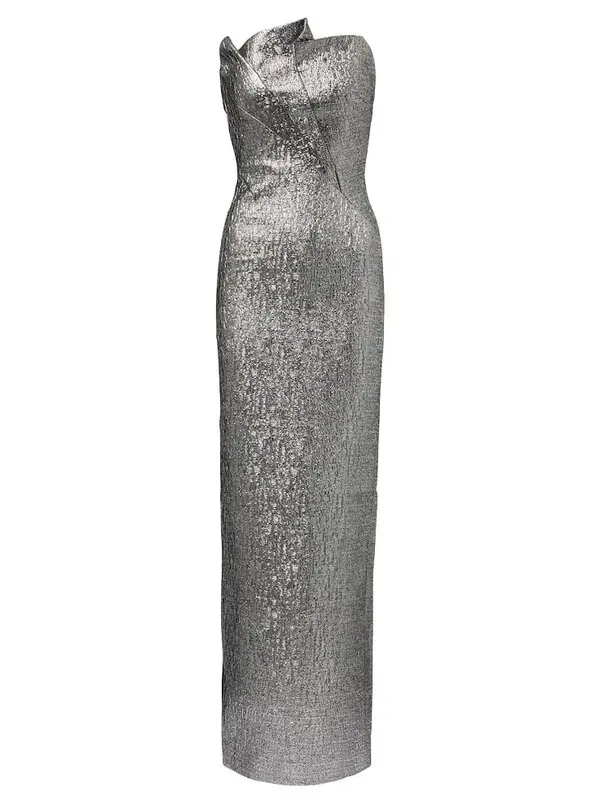 Roland Mouret Pleated Lame Jacquard Bustier Gown - Silver