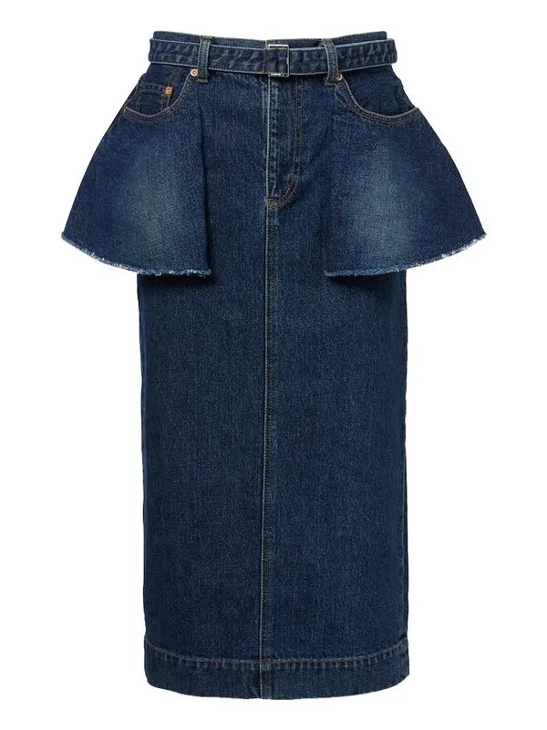 Sacai Belted Peplum Denim Midi Skirt - Blue