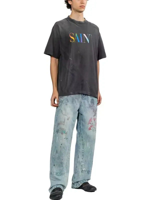 SAINT MXXXXXX Logo-print Distressed T-shirt - Grey