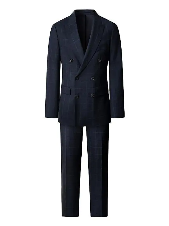 HACKETT  Windowpane Double-breasted Wool Blazer - Navy