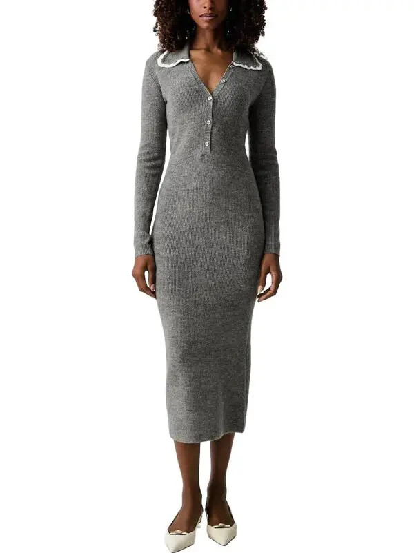 TWINSET Long Knit Dress With Crochet Collar - Grey