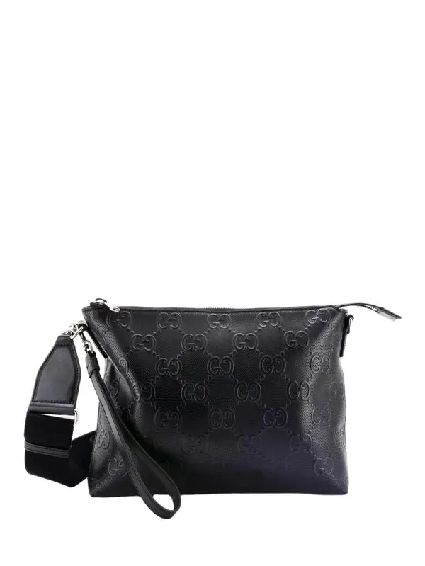 Gucci Convertible Messenger Bag Gg Embossed Perforated Leather Medium Clutch Bag - Black