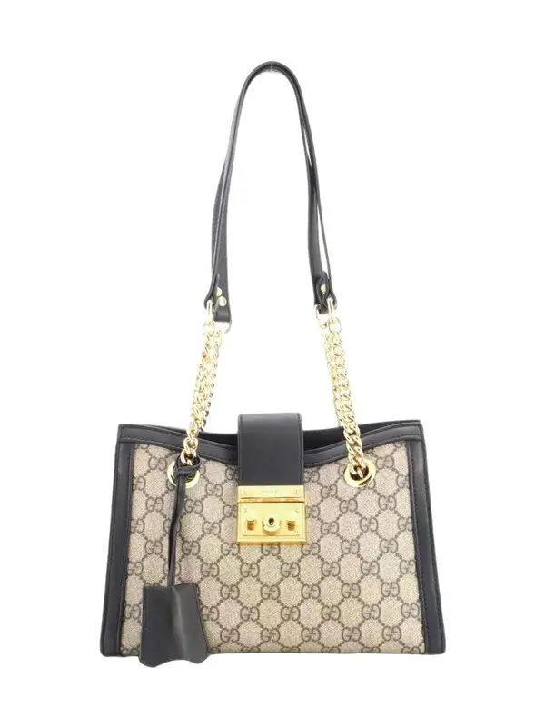 Gucci Padlock Chain Tote Gg Coated Canvas With Leather Small Shoulder Bag - Black