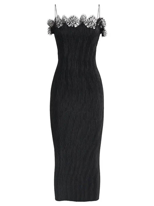 FFORME Plissé Lace-trim Lumi Midi Dress - Black