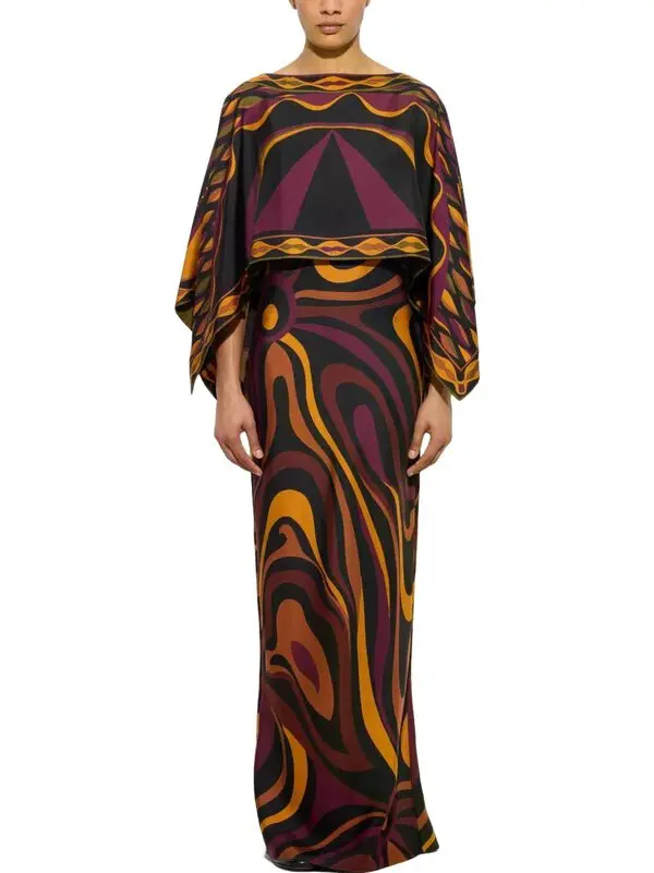 Emilio Pucci Marmo Print Silk Dress With Cape - Black