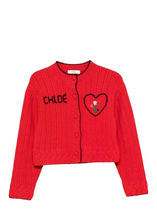 Chloé Logo-embroidered Cable-knit Cardigan - Red