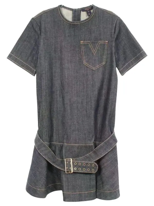 LOUIS VUITTON 2000s V-stitch Denim Mini Dress - Grey