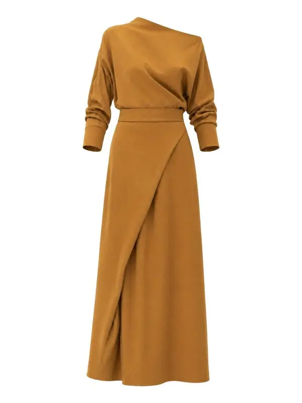 JULIA ALLERT Draped Boat-neck Blouse & Wrap Midi Skirt Set – Mustard - Yellow