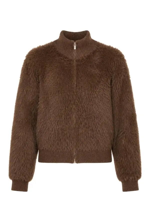 YUMI Eyelash Zip Knitted Jacket - Brown