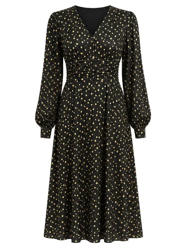 YUMI Foil Print Midi Dress - Black