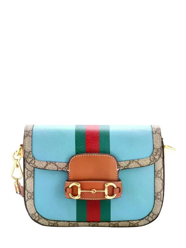 Gucci Horsebit 1955 Shoulder Bag Leather With Gg Coated Canvas Mini Crossbody Bag - Blue