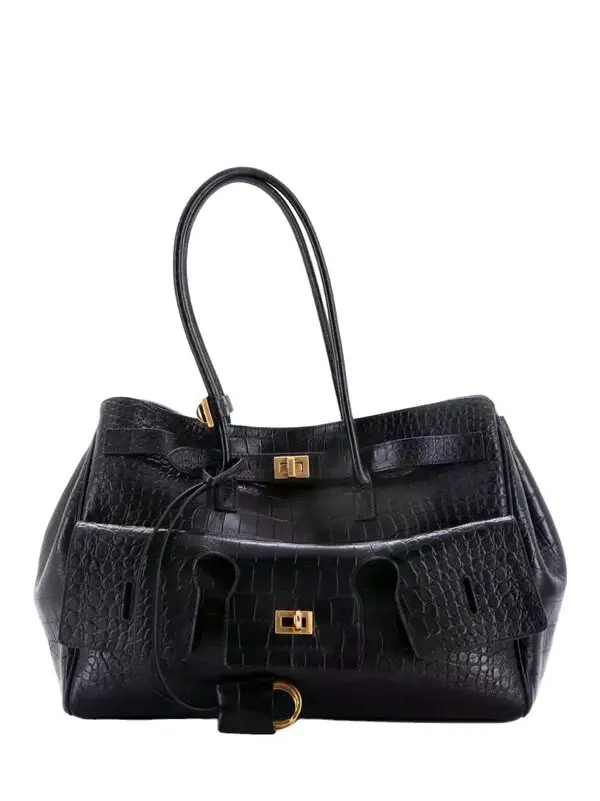 Balenciaga Bel Air Carry All Bag Crocodile Embossed Leather Medium Tote Bag - Black