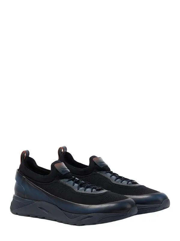 Santoni Leather-trimmed Knitted Sneakers - Blue