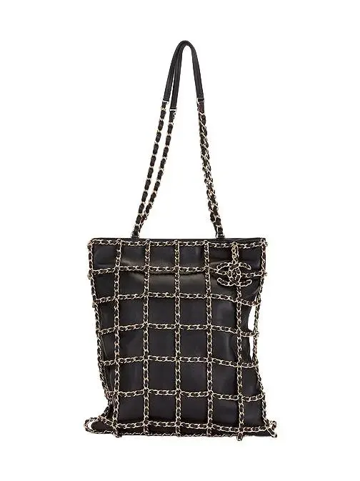 Chanel Lambskin Chain Frame Shopping Tote Bag - Black