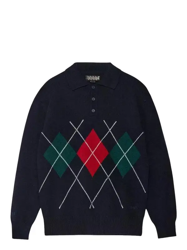 BARACUTA Argyle-intarsia Polo-collar Sweater - Blue