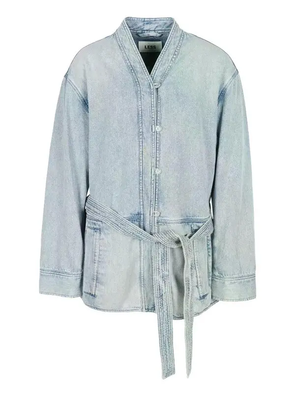 LESS Belted Wrap-collar Denim Jacket - Blue