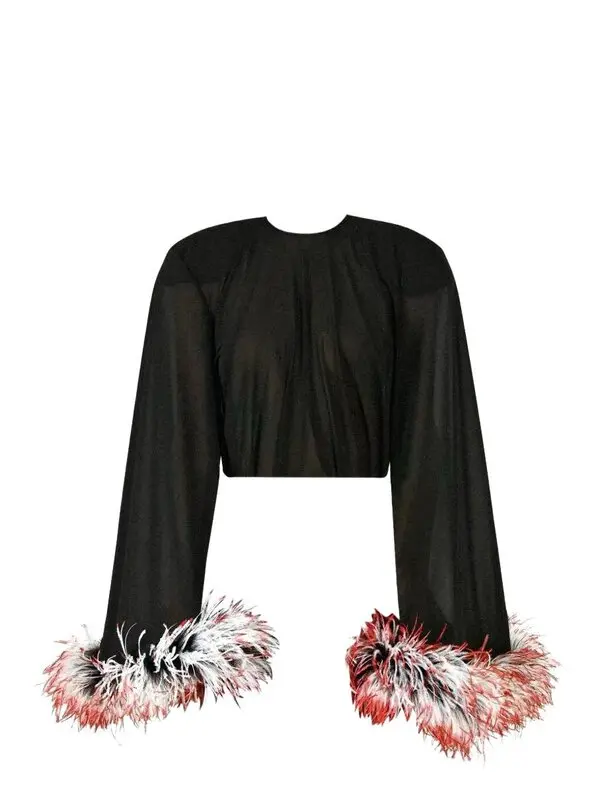 ROWEN ROSE Feather-trim Georgette Top - Black