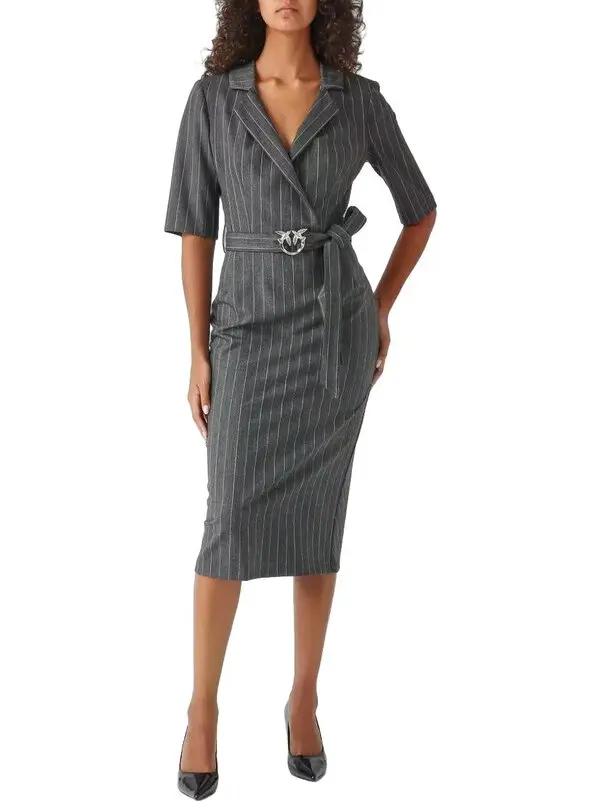 Pinko Pinstripe-pattern Logo-buckle Midi Dress - Grey