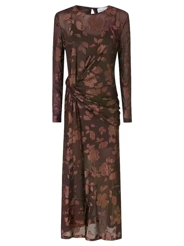 ISABELLE BLANCHE Floral-embroidered Gathered Maxi Dress - Brown