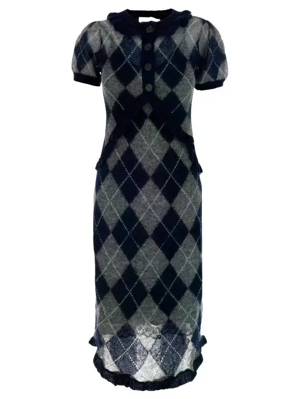 SHUSHU/TONG Argyle-knit Ruffled-trim Midi Dress - Blue