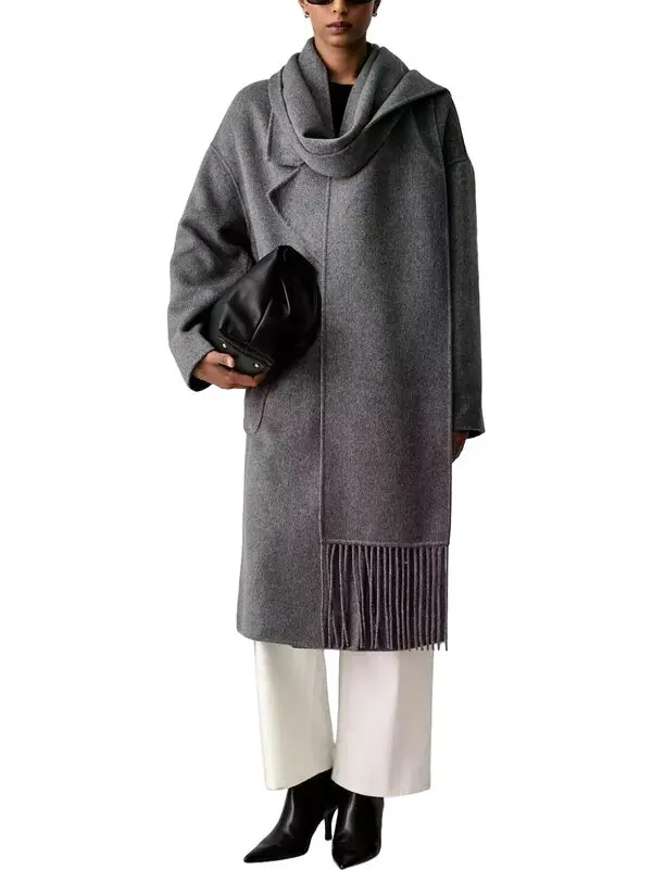 VICOLO Fringe-trimmed Scarf-detail Coat - Grey
