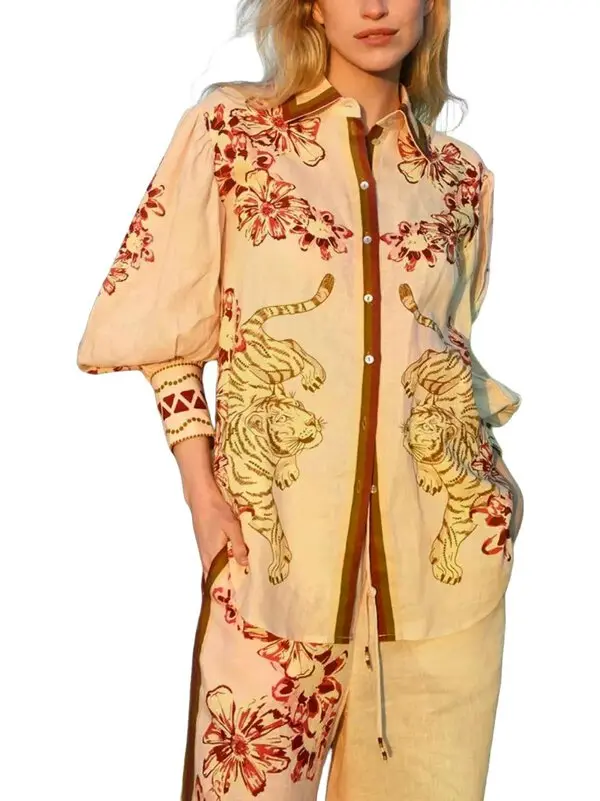 Las Surenas Flower Tiger-print Silk Shirt - Neutrals