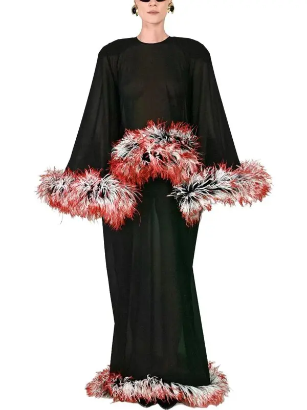 ROWEN ROSE Feather-trim Cape-sleeve Maxi Dress - Black