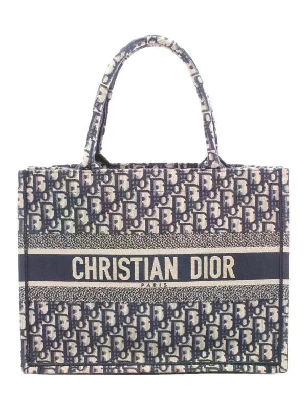 Dior 2015-2026 Medium Oblique Embroidered Canvas Book Tote Bag - Blue