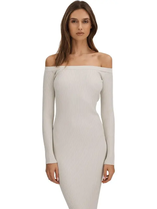 Good American Ribbed Off The Shoulder Maxi Dress - Cream