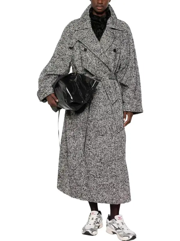 JUUN.J Herringbone-pattern Belted Coat - Black