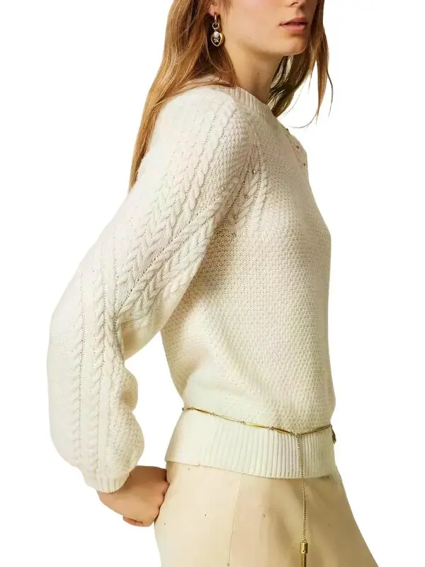 TWINSET Wool Blend Jumper With Cable Knit And Rhinestones - Neutrals