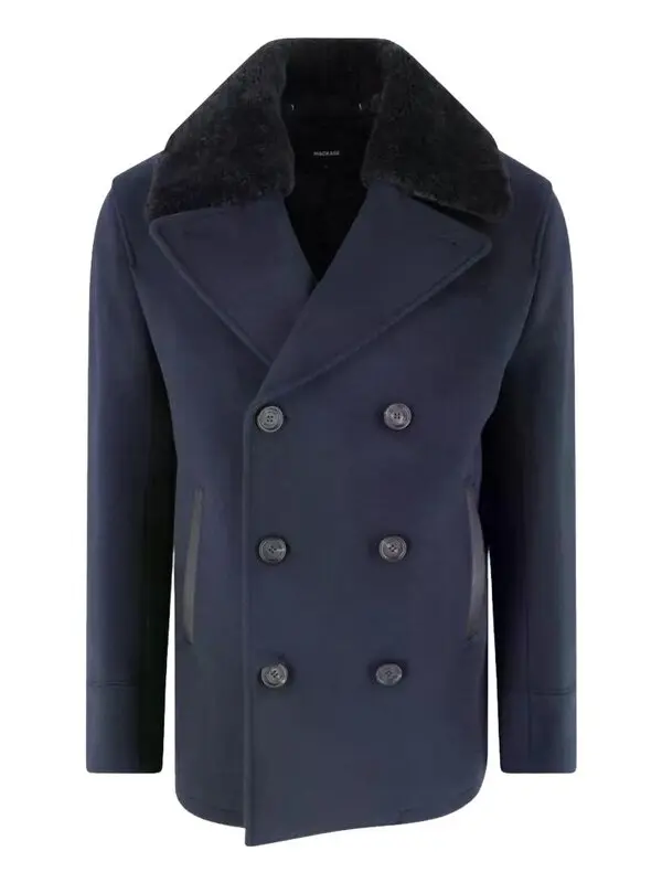 Mackage Double-breasted Shearling-collar Coat - Blue