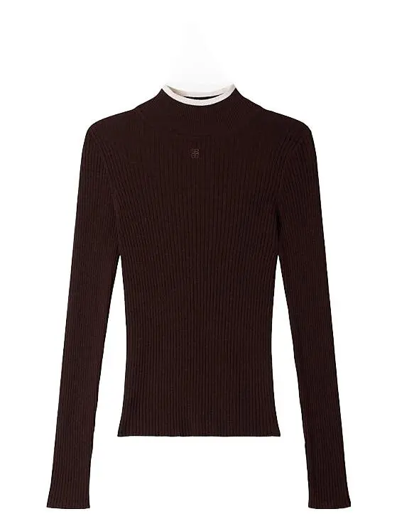 Sandro Ribbed High-neck Wool And Silk-blend Jumper - Brown