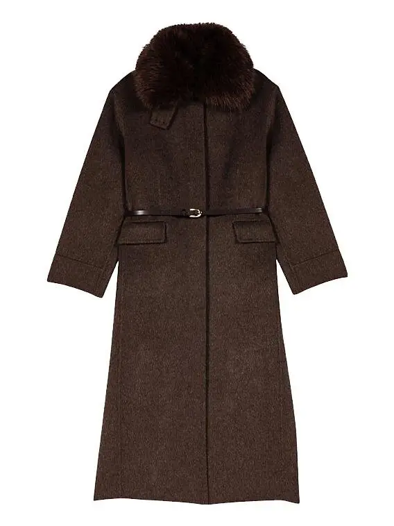 Maje Faux Fur-collar Belted Wool-blend Coat - Dark Brown
