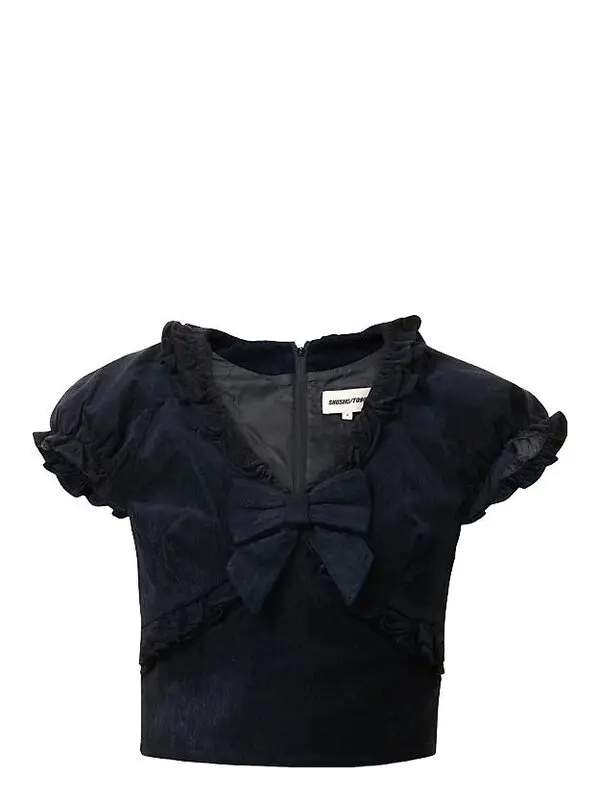 SHUSHU/TONG Bow-embellished Ruffled-trim Velvet Top - Navy Blue