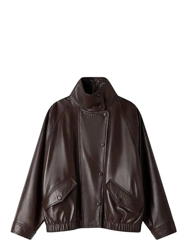 Sandro Oversized Funnel-neck Leather Jacket - Brown