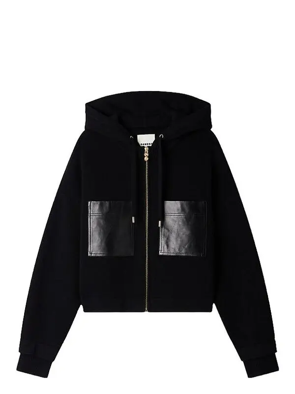 Sandro Hooded Leather-trim Wool And Cashmere Cardigan - Black