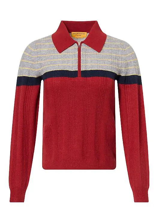 Guest In Residence Stripe Track Cashmere Knit Polo Shirt - Carmine Combo