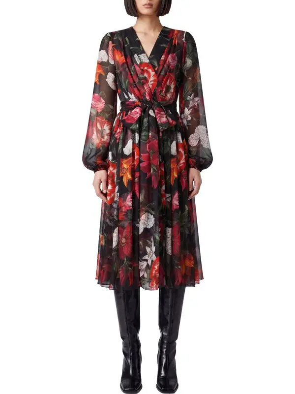 Dolce & Gabbana Floral Midi Silk Dress With Balloon Sleeves - Black