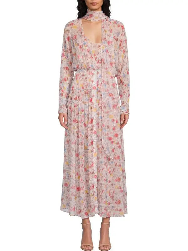 GANNI Pleated Floral Silk Chiffon Midi Dress With Pussy-bow Collar - Multicolor