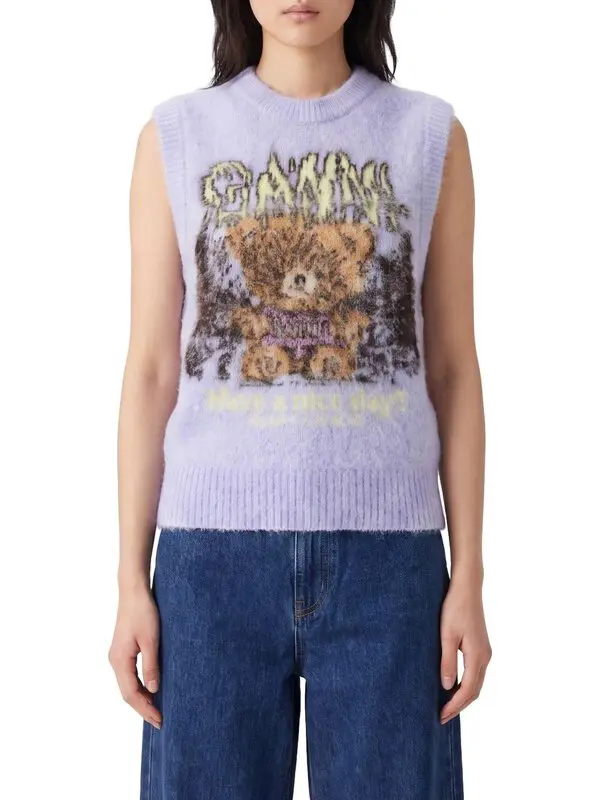 GANNI Alpaca Blend Knit Vest With Jacquard Graffiti Print - Ice