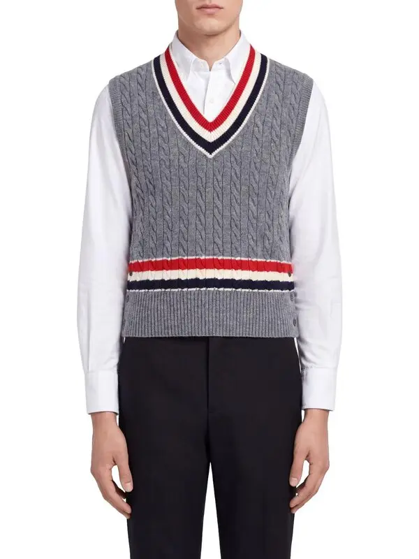 Thom Browne Striped V-neck Merino Wool Knit Vest With Signature Flag - Grey