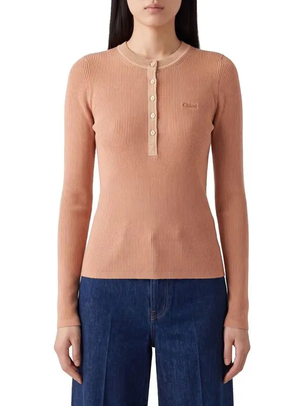 Chloé Slim Fit Ribbed-knit Sweater In Pure Merino Wool With A Crew Neckline - Coffee