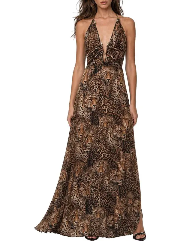 Philipp Plein Flared Long Dress With Animal Print And Off-the-shoulder Design - Beige